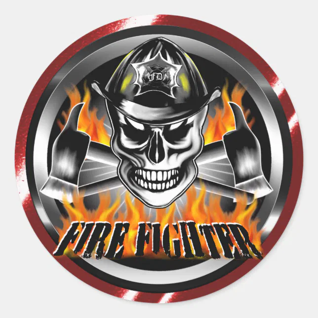 Firefighter Skull 4 and Flaming Axes Classic Round Sticker | Zazzle