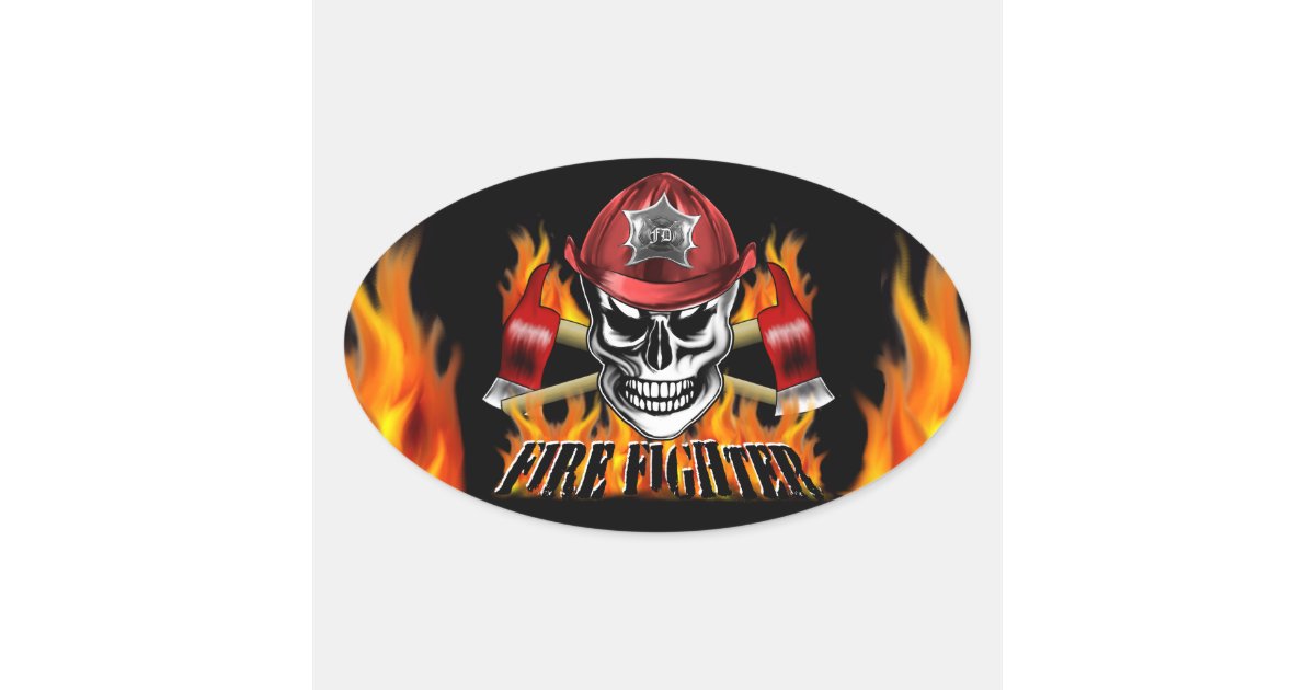 Firefighter Skull 4 and Flaming Axes Oval Sticker | Zazzle