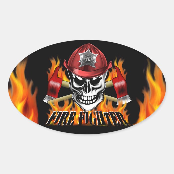 Firefighter Skull 4 and Flaming Axes Oval Sticker | Zazzle.com