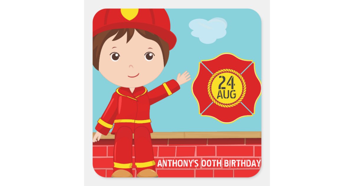 Firefighter themed Birthday Party Guest Favor Square Sticker | Zazzle