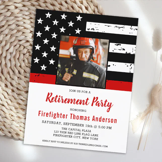 Firefighter Thin Red Line Custom Photo Retirement Invitation Postcard ...