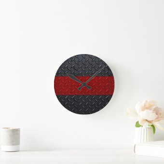 Firefighter Thin Red Line Diamond Plate Round Clock | Zazzle