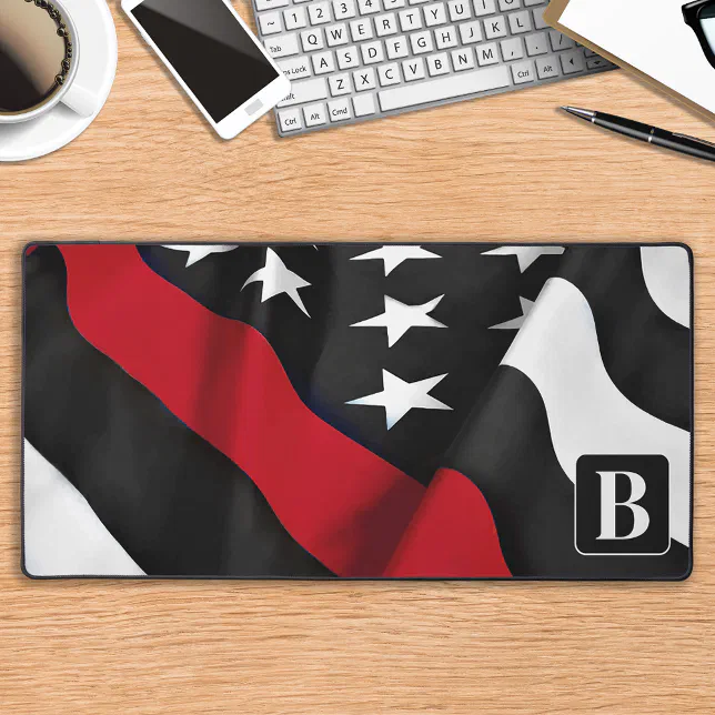 Firefighter Thin Red Line Personalized Monogram Desk Mat | Zazzle