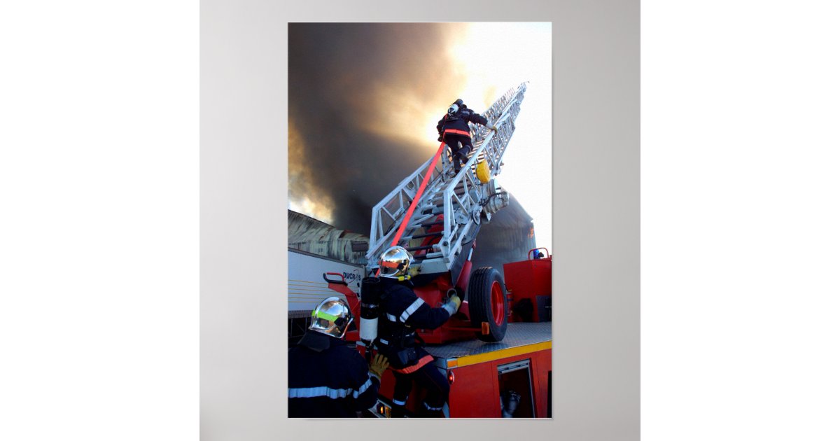 Firefighters Climbing Ladder Poster | Zazzle