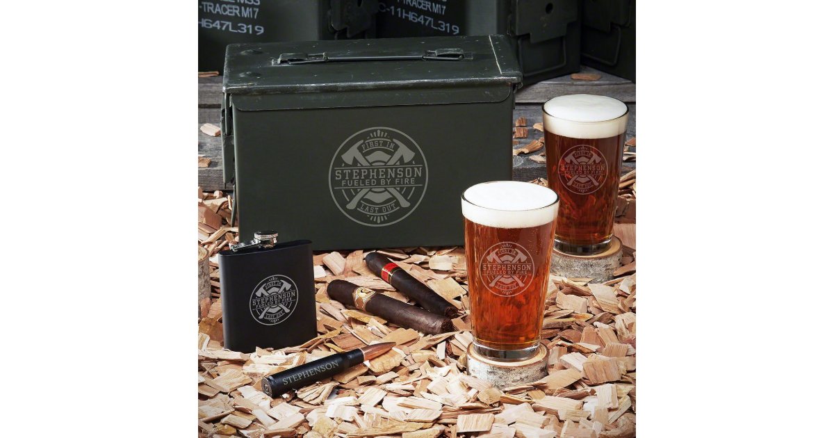Firefighter's Flask & Opener Set w/ Pint Glasses | Zazzle