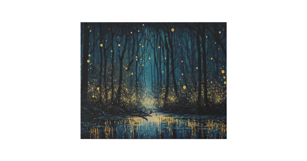 Fireflies light up a dark fantasy forest faux canvas print | Zazzle