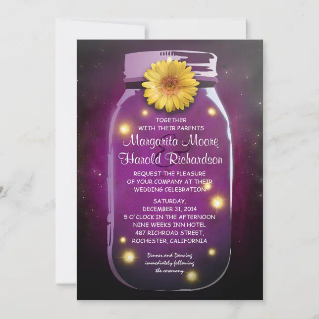 Fireflies & Purple Mason Jar Whimsical Wedding Invitation | Zazzle