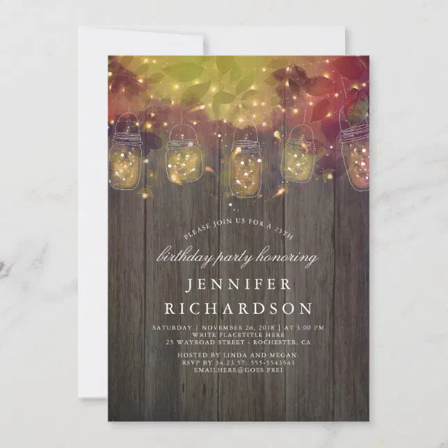 Firefly Lights and Mason Jar Rustic Birthday Party Invitation | Zazzle