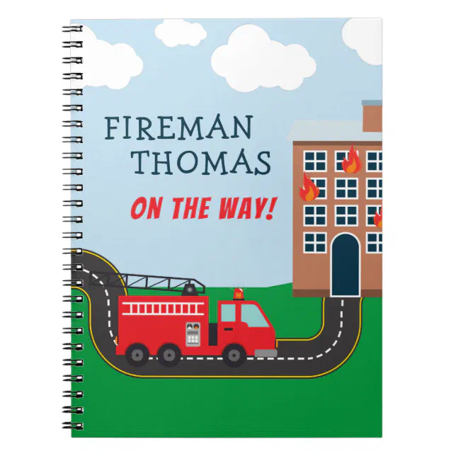 Fireman and Fire Truck with First Name Little Boy Notebook | Zazzle