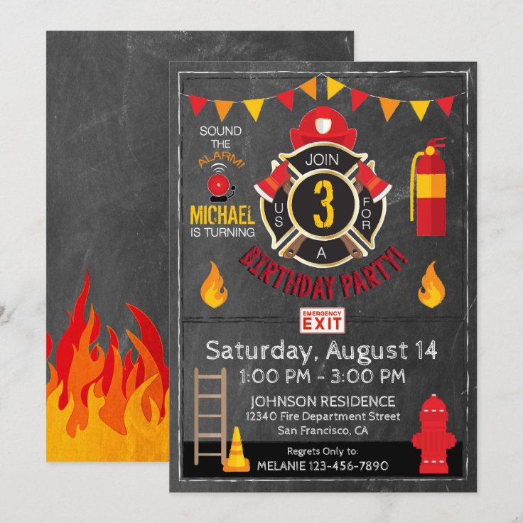 Fireman Fire Department Gear and Badge Birthday Invitation | Zazzle