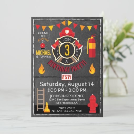 Fireman Fire Department Gear and Badge Birthday Invitation | Zazzle