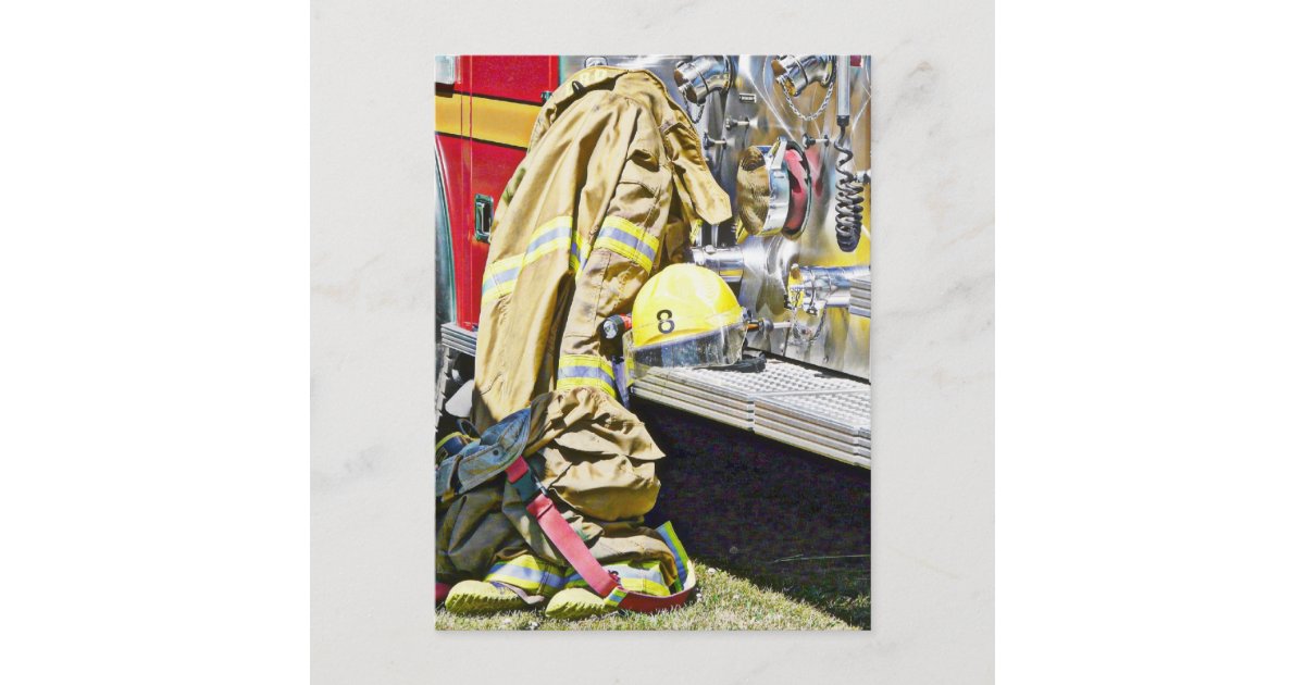 Fireman Firefighting Suit and Truck Postcard | Zazzle