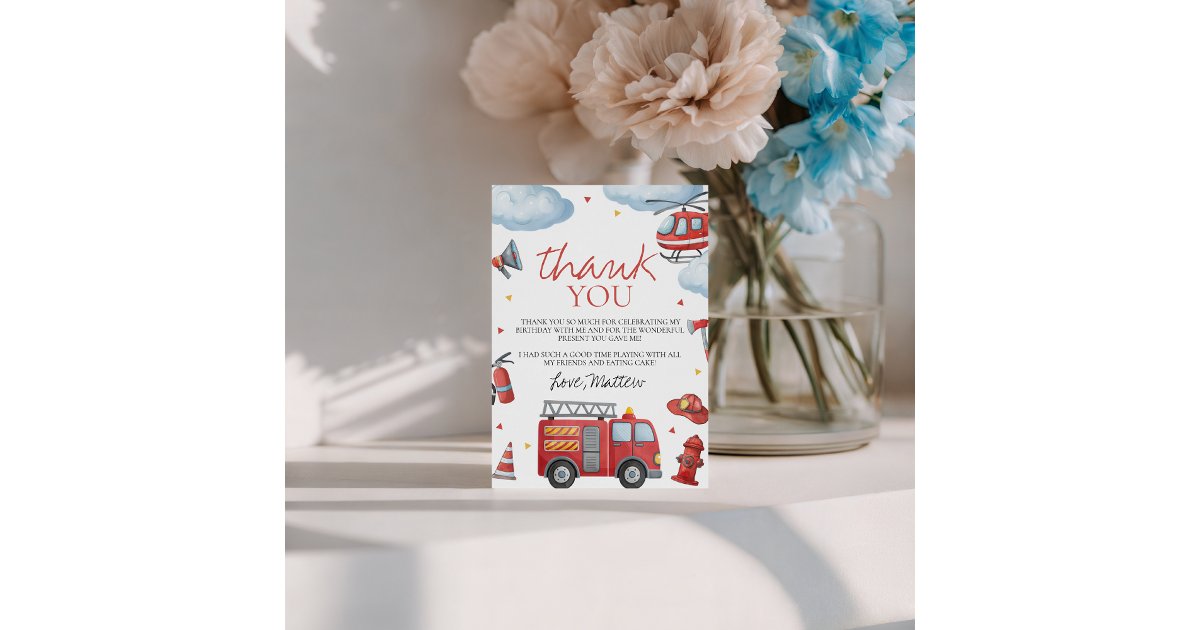 Firetruck Birthday Thank You Card | Zazzle