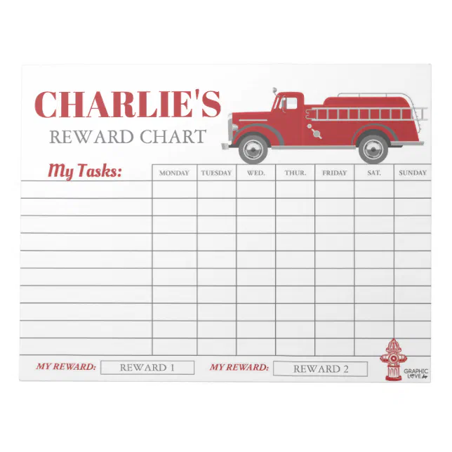 Firetruck Reward Chart Personalized Name & Tasks Notepad | Zazzle