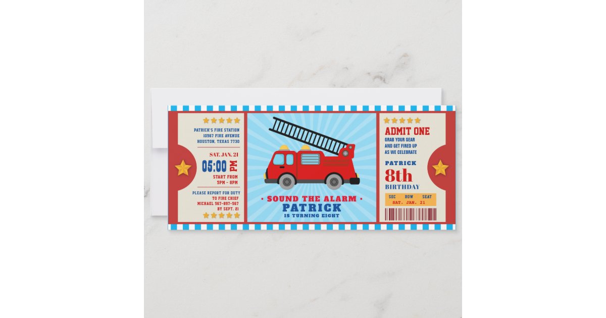 Firetruck ticket Birthday Party Invitation | Zazzle.com
