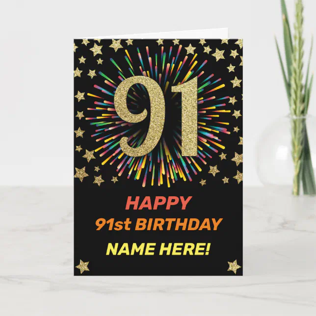 Fireworks 91st Birthday Colorful Rainbow Gold Card | Zazzle