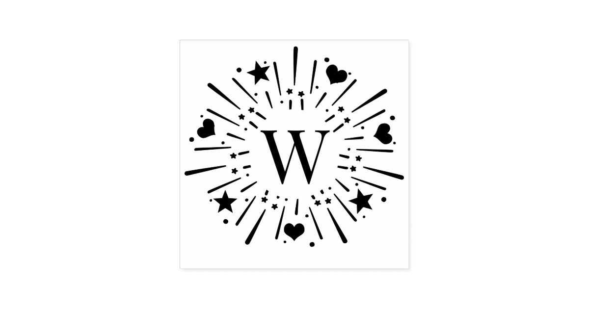 Fireworks Burst Stars Hearts Center 1 Initial #2 Self-inking Stamp | Zazzle