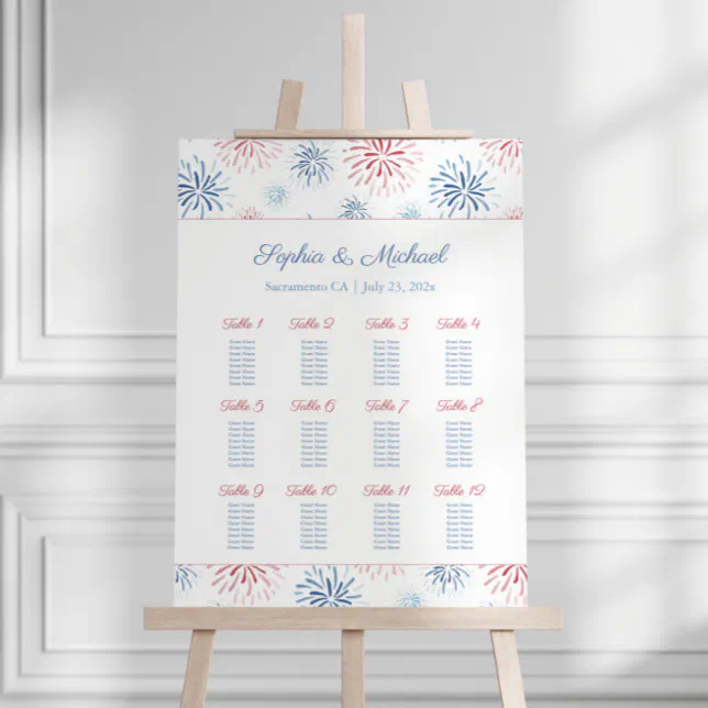 Fireworks July 4th Wedding 12 Tables Seating Chart Foam Board | Zazzle