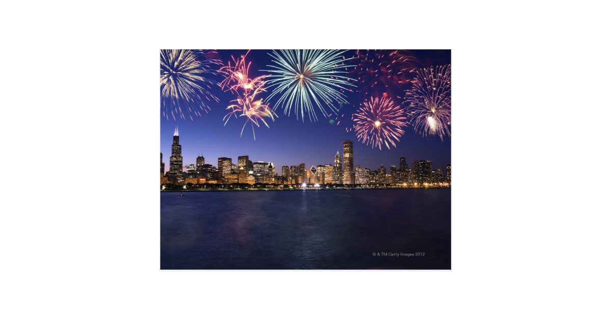Fireworks over Chicago skyline 2 Postcard | Zazzle.com