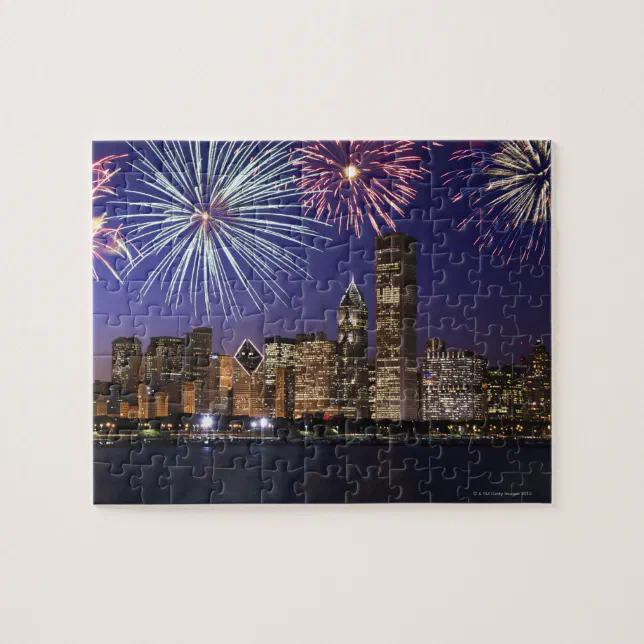 Fireworks over Chicago skyline Jigsaw Puzzle | Zazzle