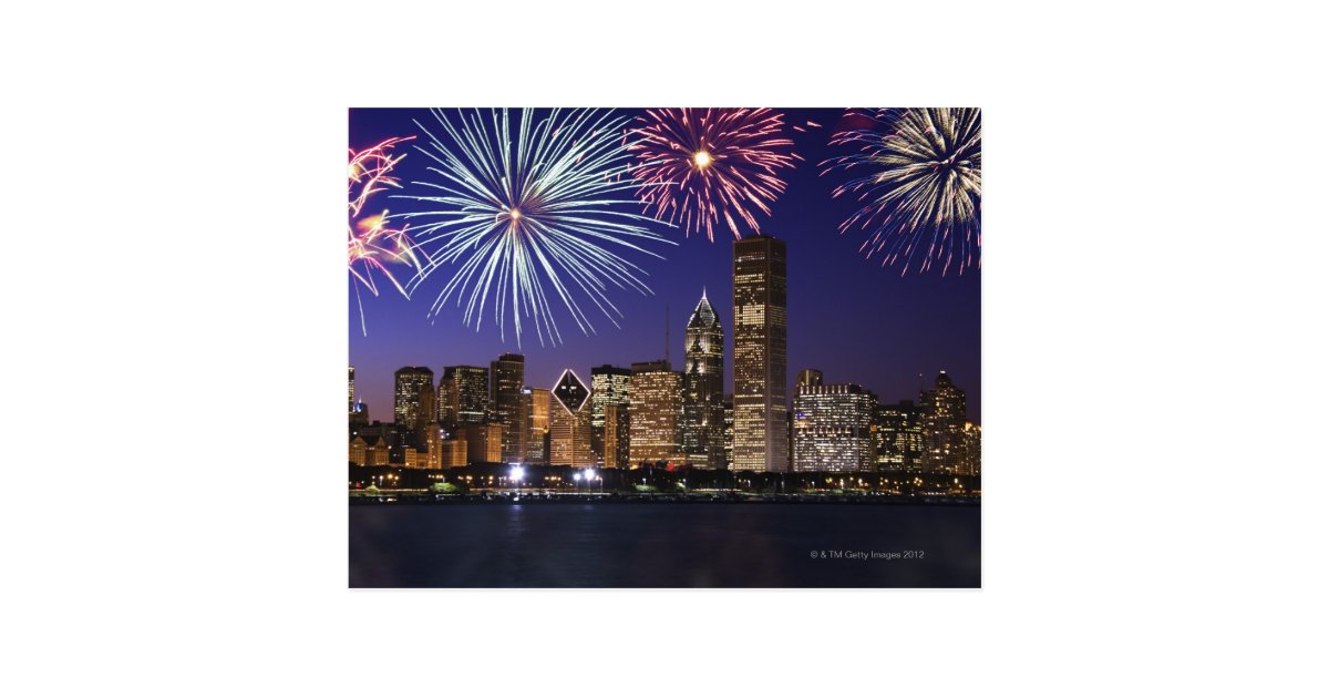 Fireworks over Chicago skyline Postcard | Zazzle.com