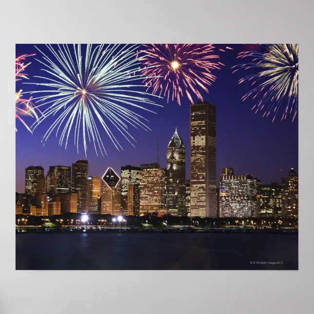 Fireworks over Chicago skyline Poster | Zazzle