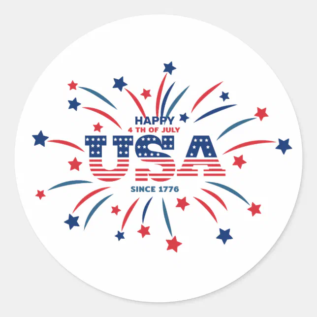 Fireworks USA Patriotic Red White Blue Classic Round Sticker | Zazzle