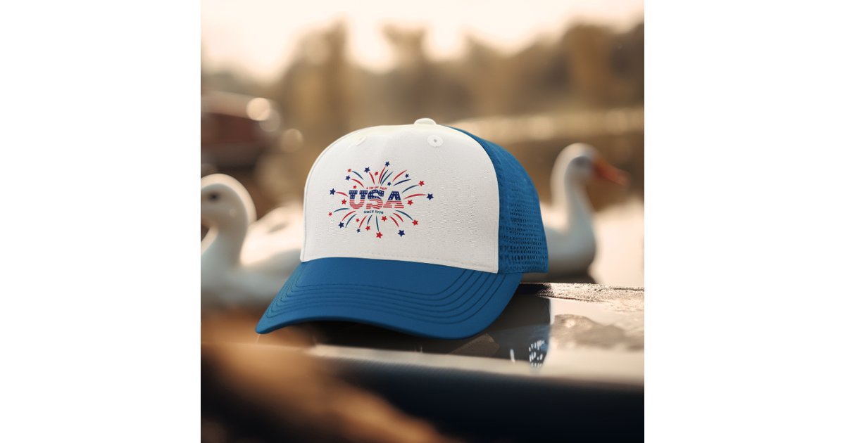 Fireworks USA Patriotic Red White Blue Trucker Hat | Zazzle