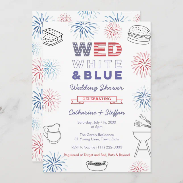Fireworks Wed White Blue Cookout Couples Shower Invitation | Zazzle