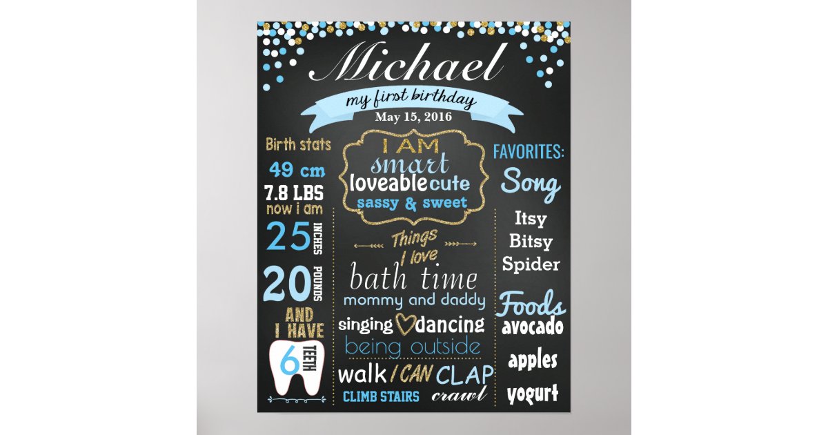 First 1st Birthday Chalkboard sign confetti gold | Zazzle