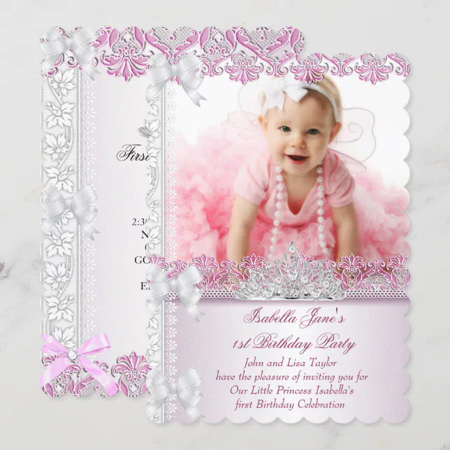 First 1st Birthday Party Girl Princess Pink Photo Invitation | Zazzle