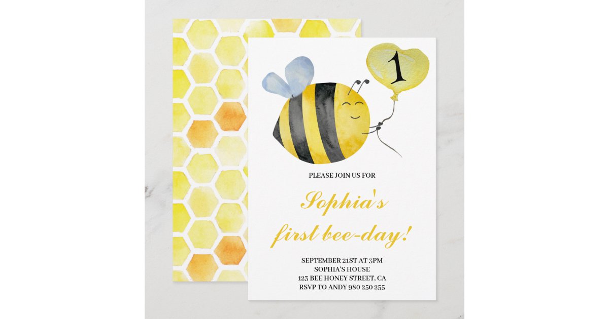 First Bee-Day Bee Honey Bee 1st Birthday Invitation | Zazzle