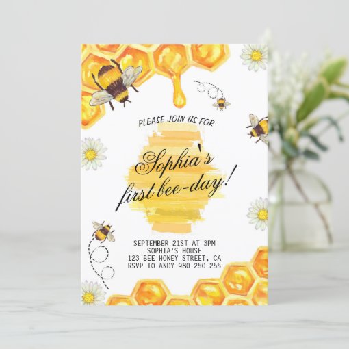First Bee-Day Bee Honey Bee 1st Birthday Party Invitation | Zazzle