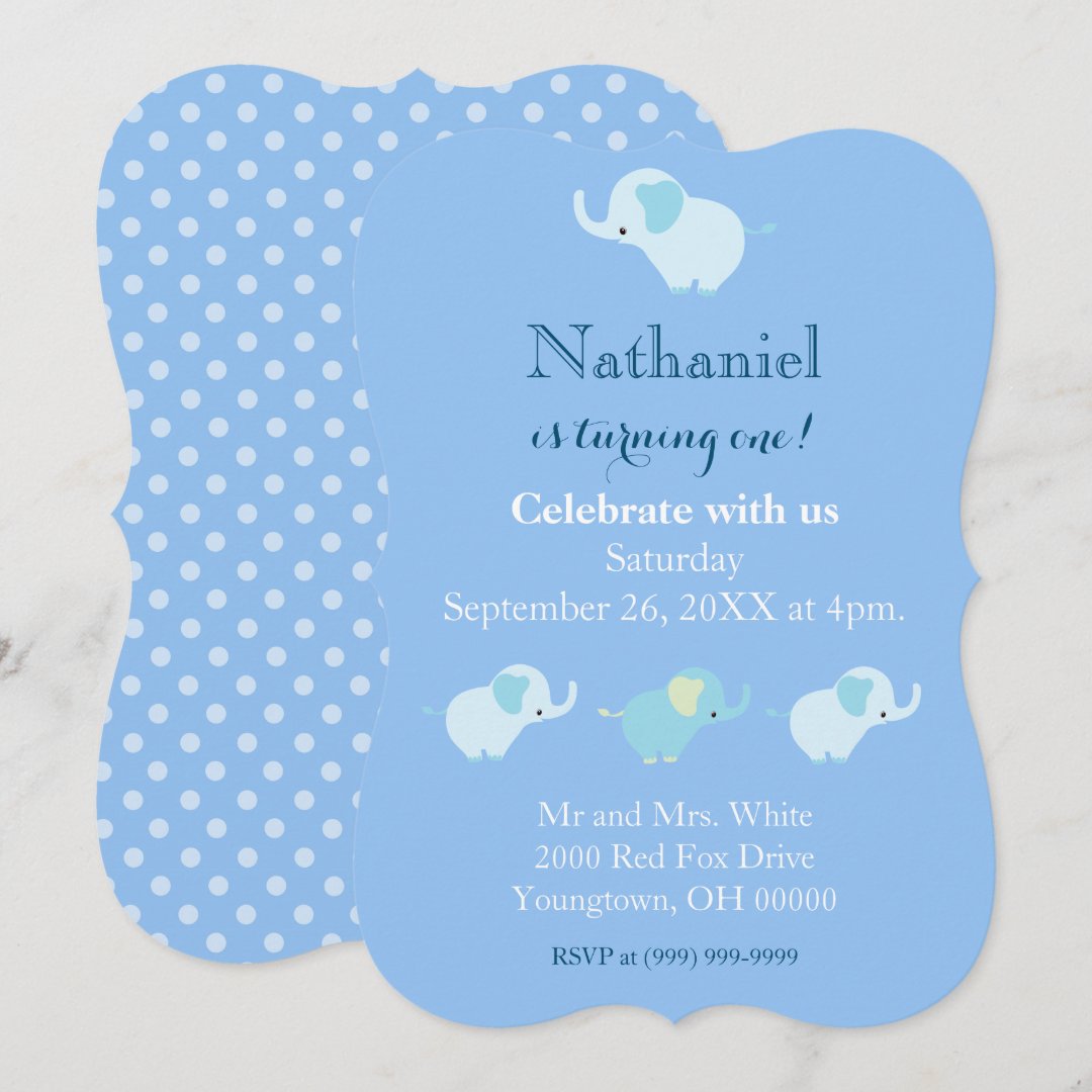 First Birthday Baby Boy Blue Elephants Invitation | Zazzle