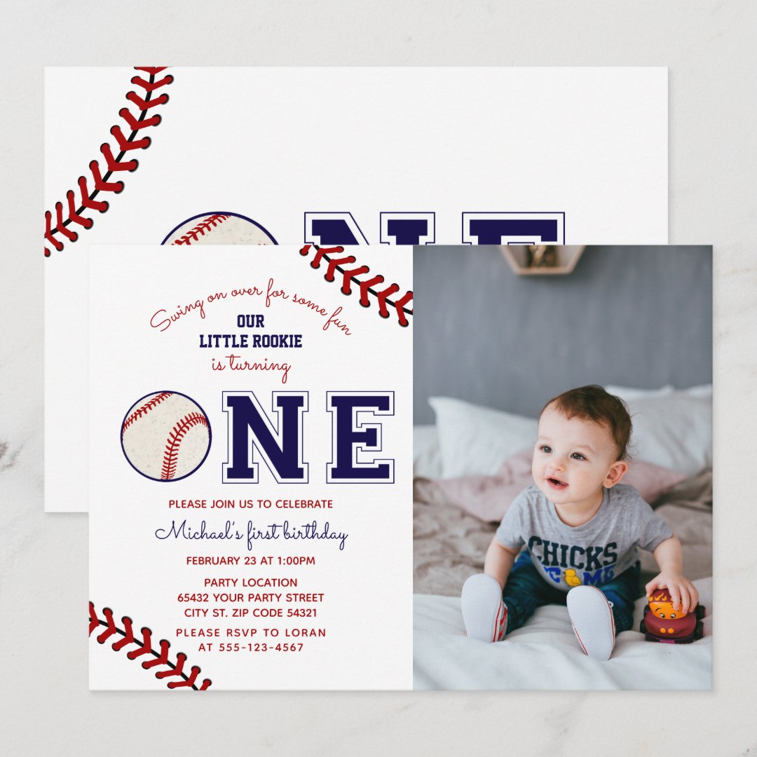 First Birthday Baseball Photo Invitation | Zazzle