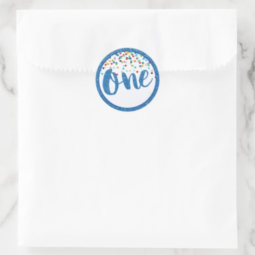 First Birthday Blue Glitter Round Sticker | Zazzle