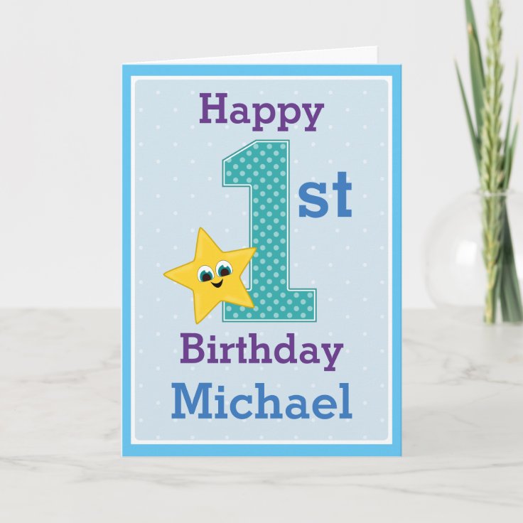 First Birthday Boy, Blue with Yellow Star Card | Zazzle