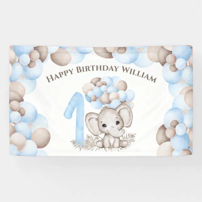 First Birthday Boy Cute Elephant Banner | Zazzle