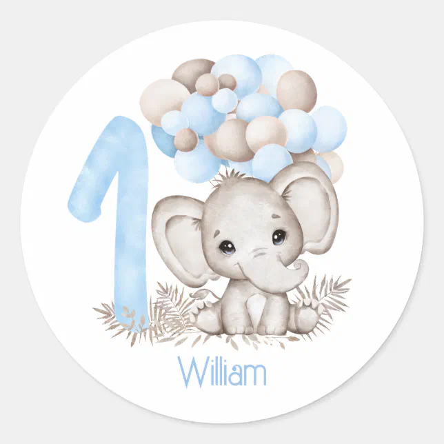 First Birthday Boy Cute Elephant In Blue Sticker | Zazzle