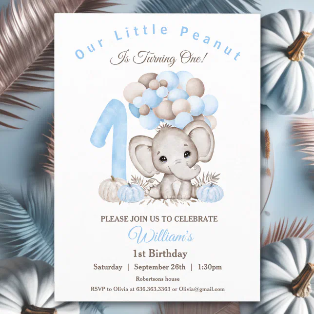 First Birthday Cute Elephant Fall Boy Invitation | Zazzle
