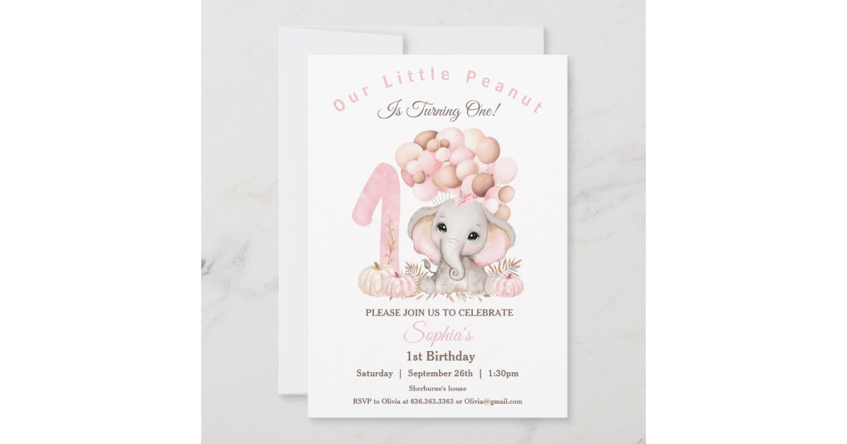 First Birthday Cute Elephant Fall Girl Invitation | Zazzle