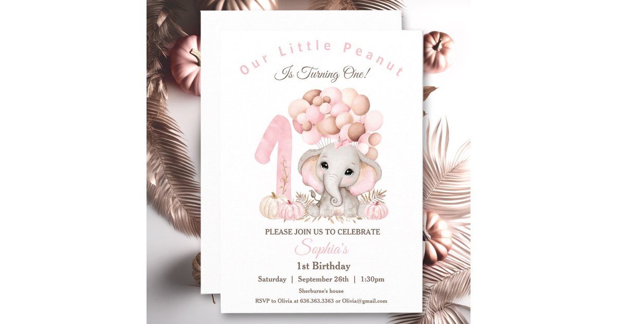 First Birthday Cute Elephant Fall Girl Invitation | Zazzle