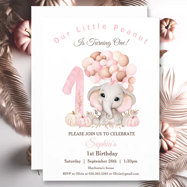 First Birthday Cute Elephant Fall Girl Invitation | Zazzle