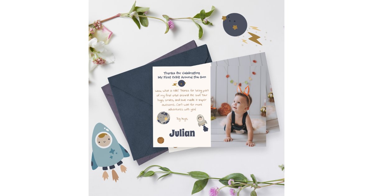 First Birthday, First orbit around the sun! Thank You Card | Zazzle