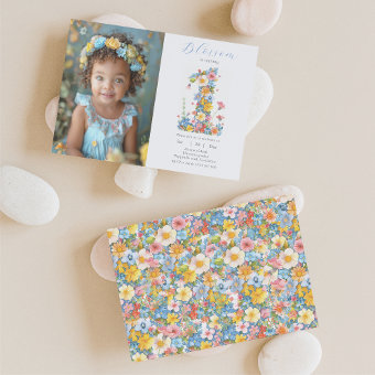 First Birthday Floral Number 1 Photo Invitation | Zazzle