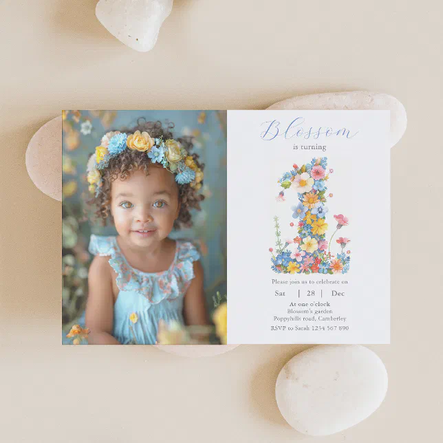First Birthday Floral Number 1 Photo Invitation | Zazzle
