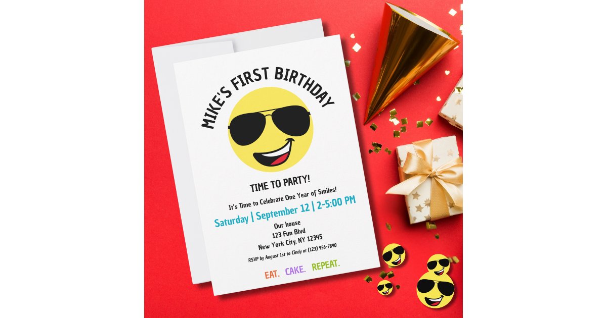 First Birthday Happy Face Aviator Sunglasses Cute Invitation | Zazzle