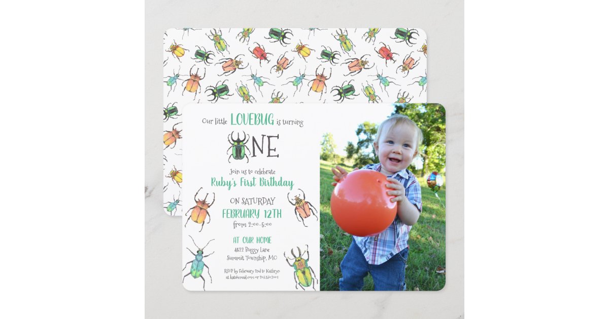 First Birthday Love Bugs Photo Invitation | Zazzle