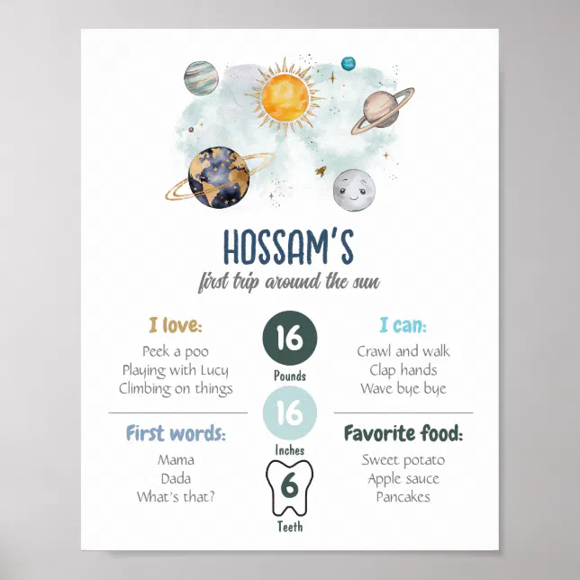 First Birthday Milestones Outer Space Galaxy Poster | Zazzle