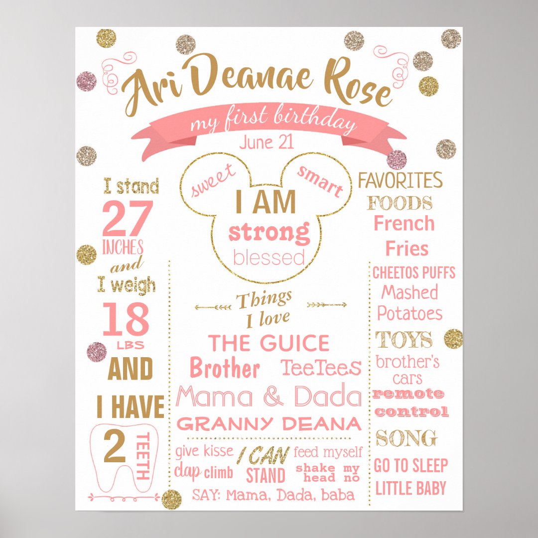 First Birthday Party sign poster for girl | Zazzle
